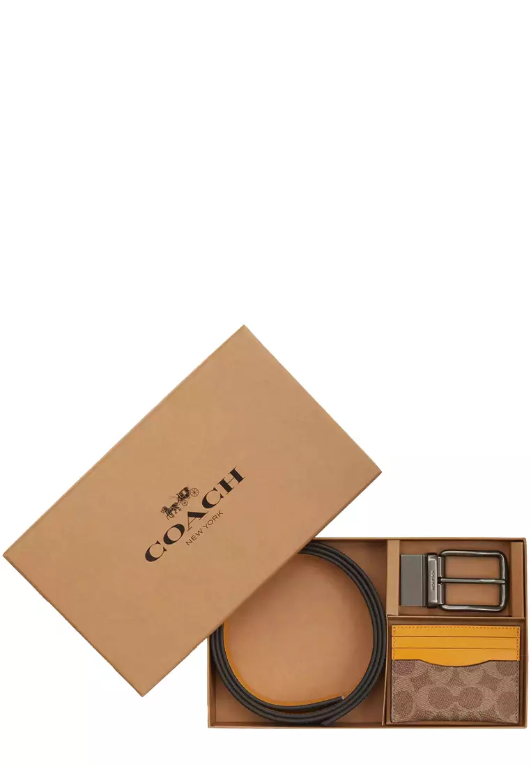 Buy COACH Boxed Card Case And Belt Set In Signature Canvas - Tan ...