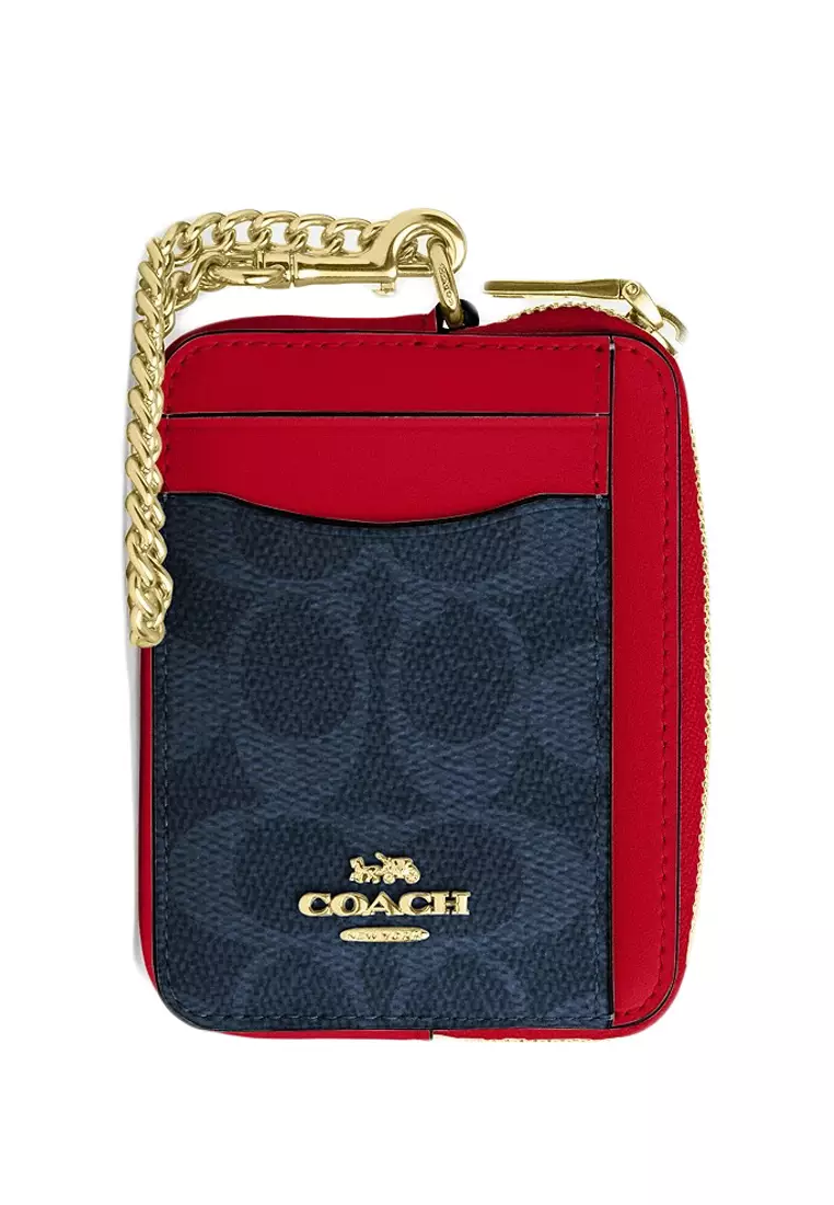 Buy COACH Coach Zip Card Case In Signature Canvas - Denim/Bold Red ...