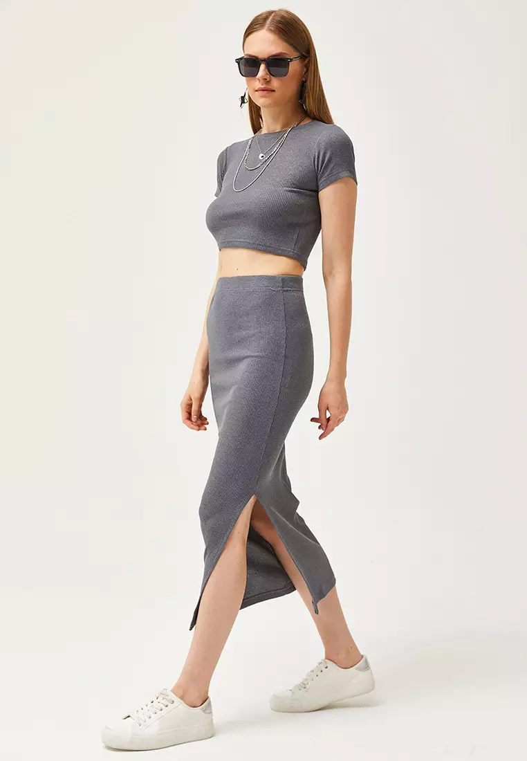 Buy Olalook Fitted Rib Crop Top & Slit Skirt Set 2025 Online | ZALORA
