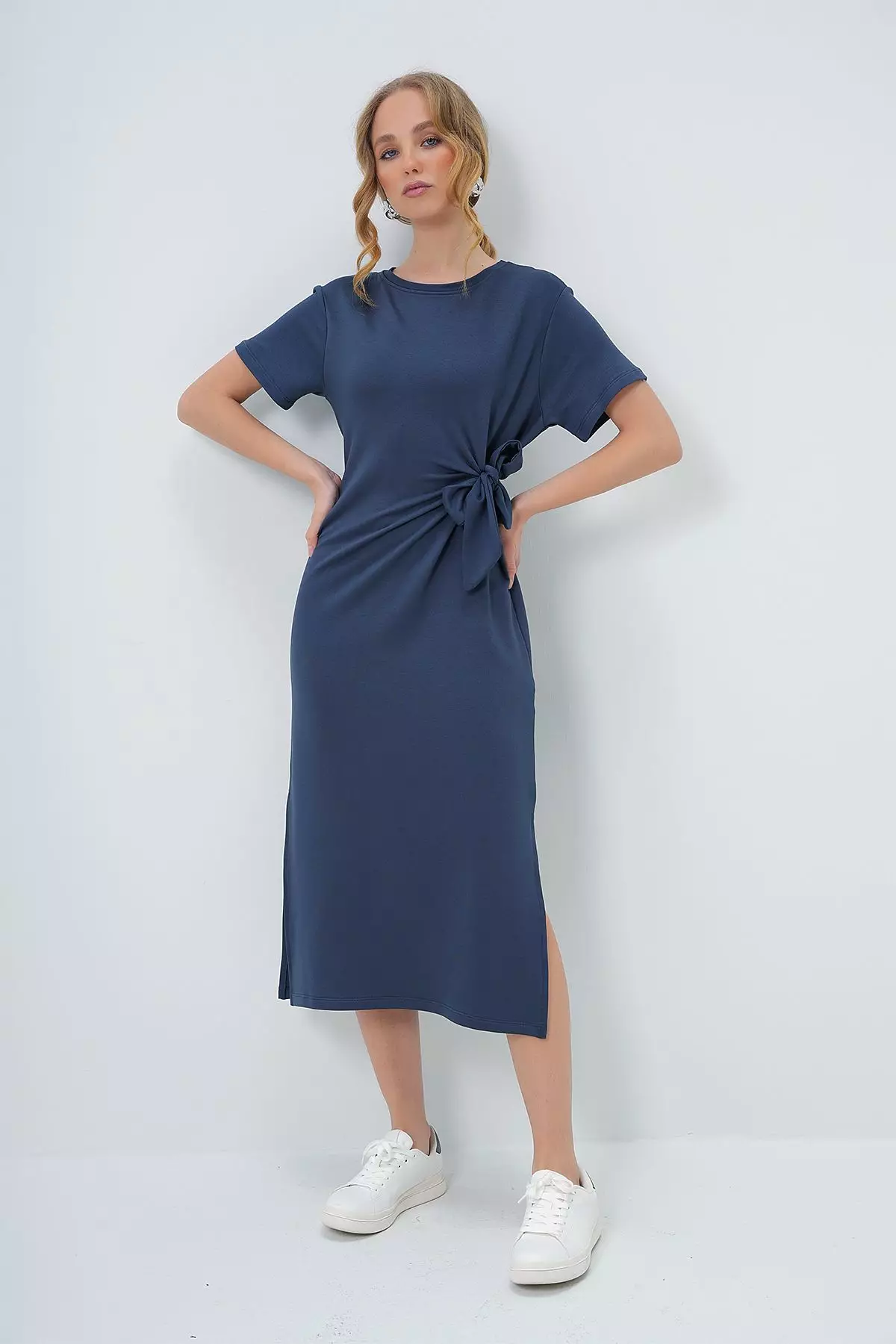 Buy Alacati Women's Indigo Crew Neck Waist Tie Detail Short Sleeve Slit ...