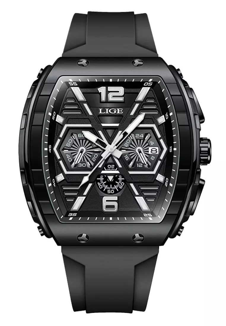 LIGE Unisex Tonneau Shaped IP Black Quartz Watch on Rubber Strap 2025 ...