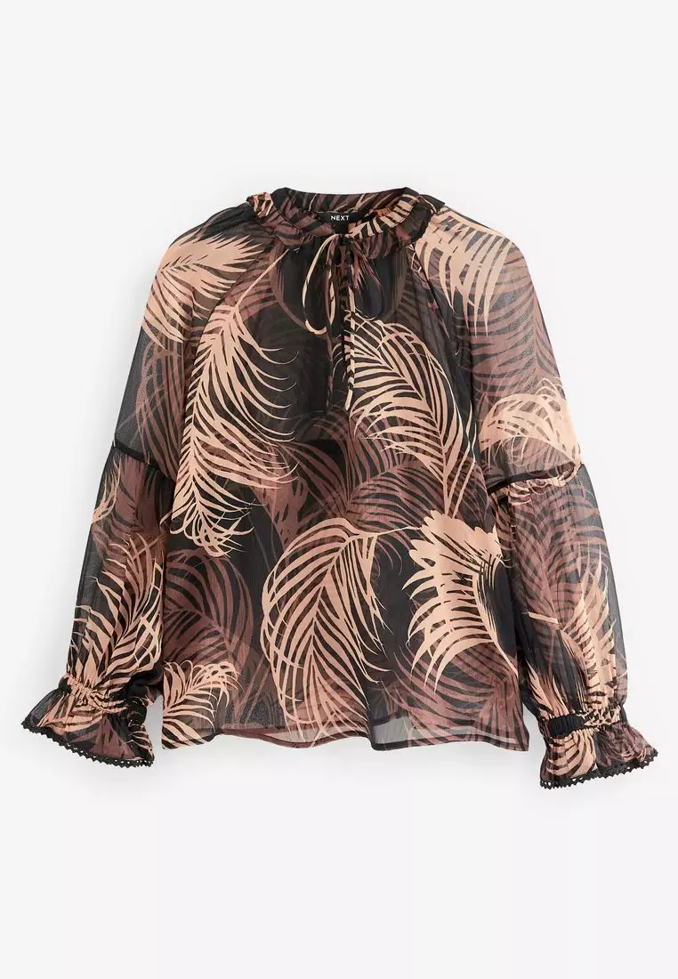 Buy Next Long Sleeve V Neck Sheer Blouse With Lace Trim Detail 2023