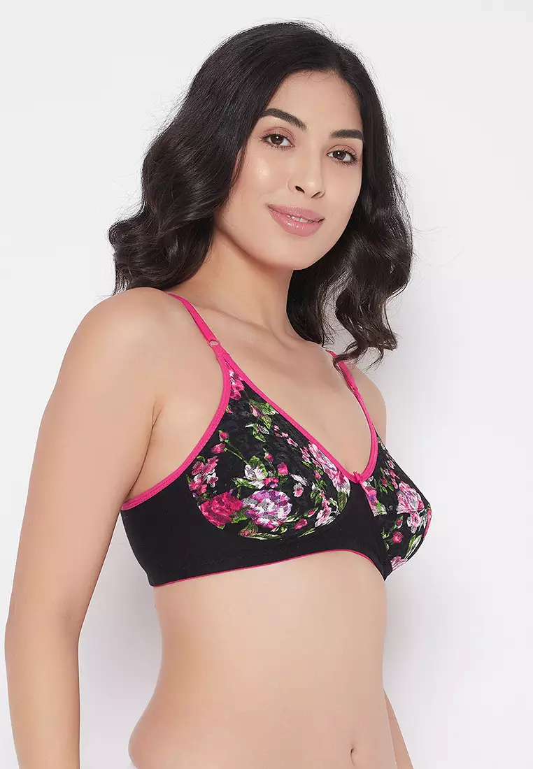 Buy Clovia Non-Padded Non-Wired Full Cup Floral Print T-shirt Bra in Black - Cotton 2025 Online ...