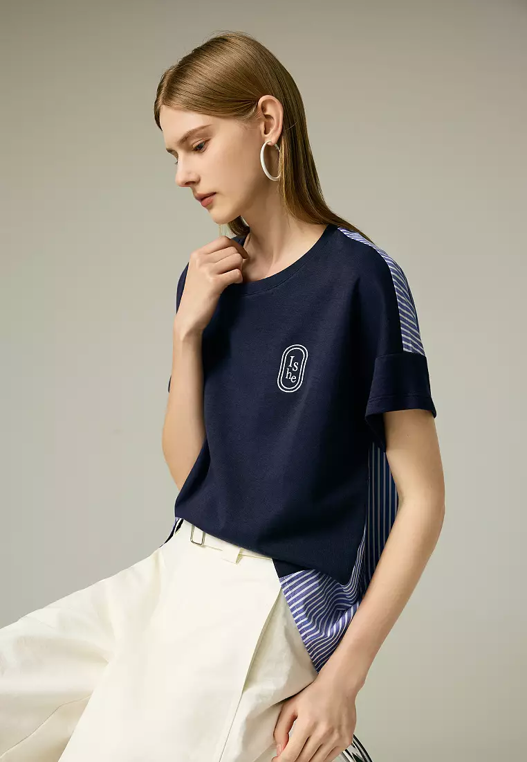 Buy OBSTYLE Contrast Fabric Striped Embroidered Loose Top [HA0198] 2026 ...