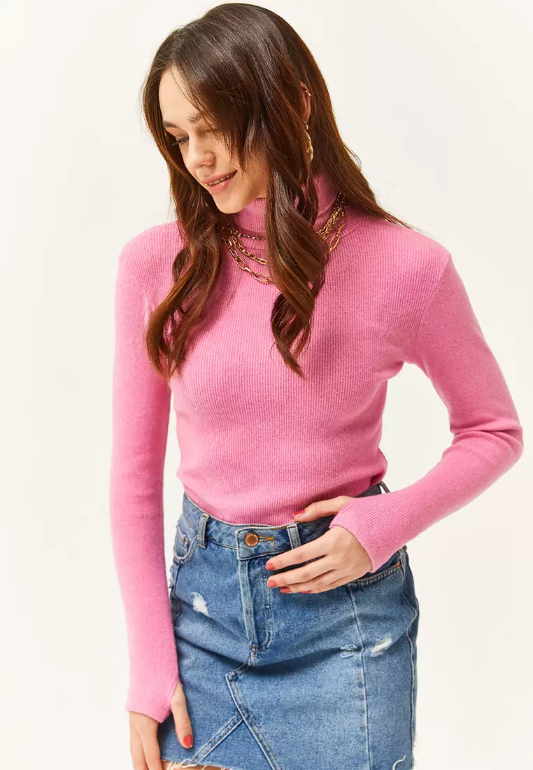 Buy Olalook Pink Turtleneck Finger Detailed Lycra Blouse 2024 Online