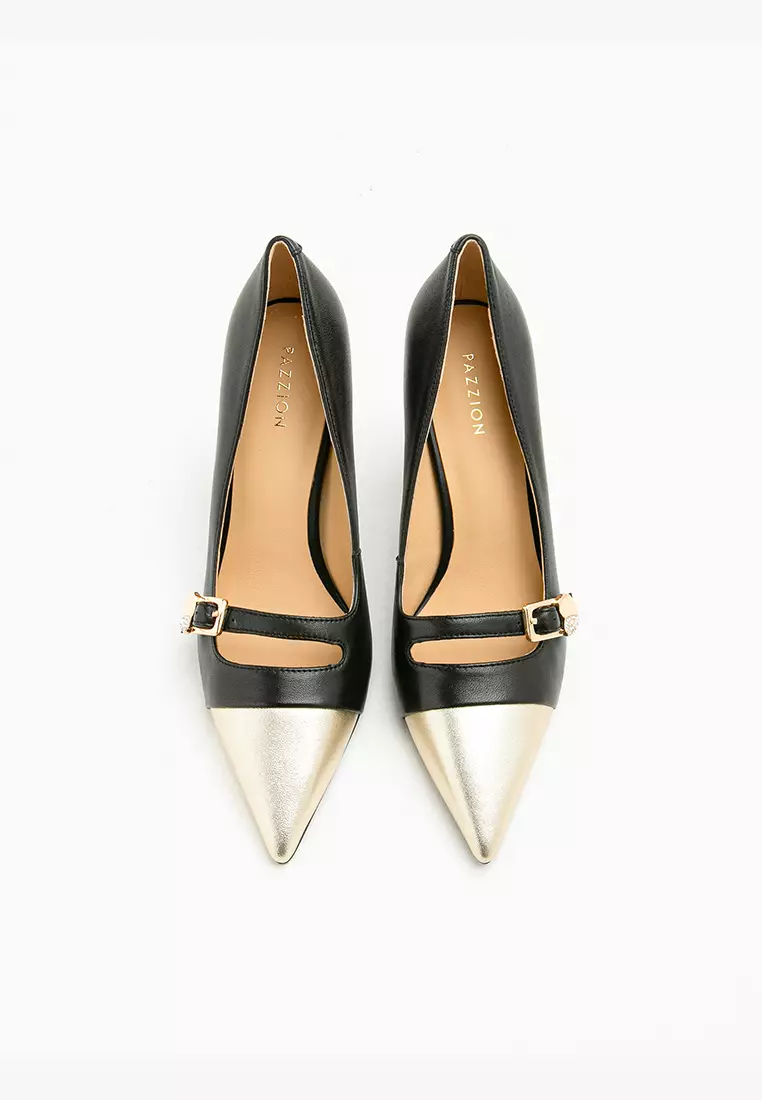 Buy Pazzion Trix Gold Embellished Toe Cap Heels Black 2025 Online ...