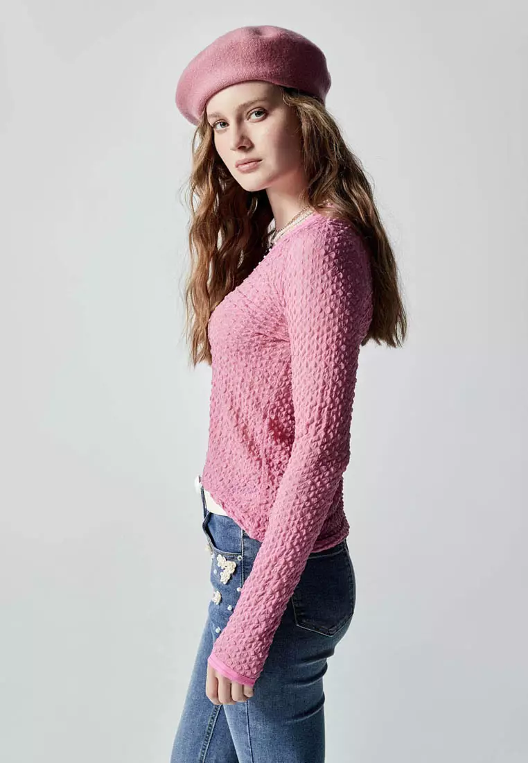 Buy iROO V-Neck Pink Texture Top 2026 Online | ZALORA Philippines