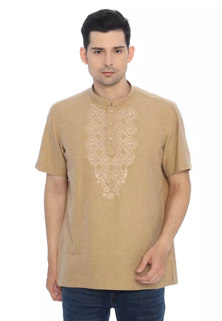 Jual Hassenda Koko Linen Border Pria Lengan Pendek Al-Qadr Almond Buff ...
