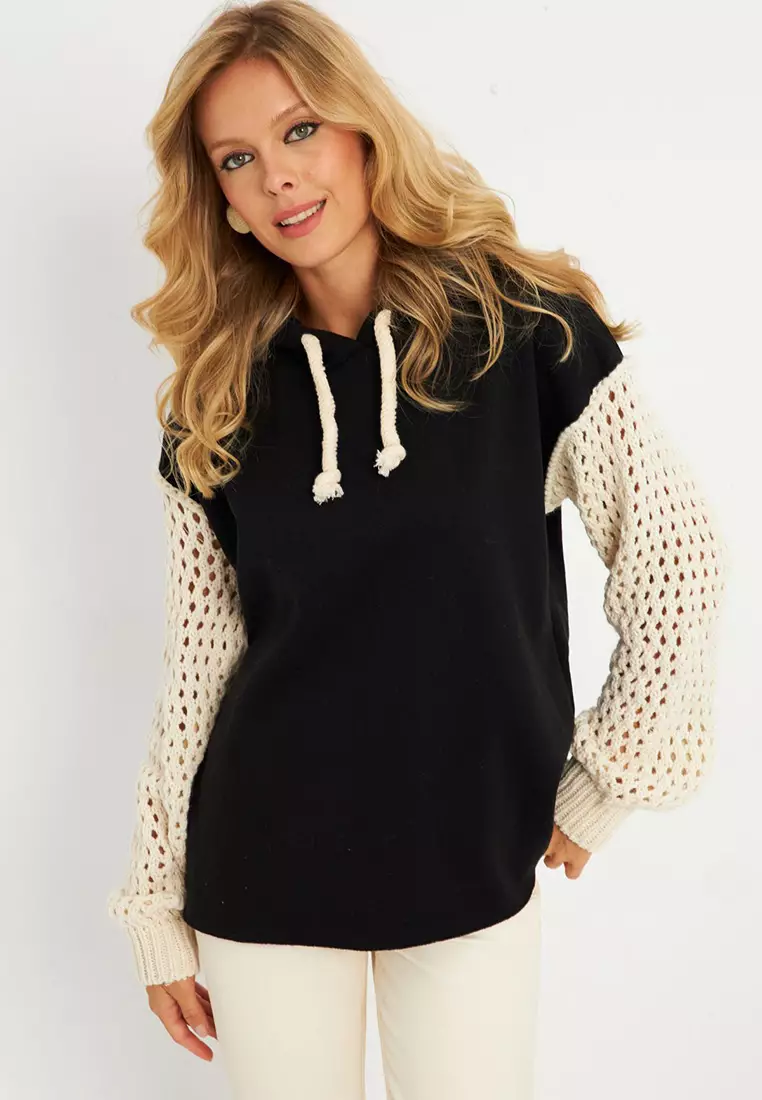 Buy Cool & Sexy Black Ecru Hooded Sweatshirt with Openwork Sleeves 2025 ...