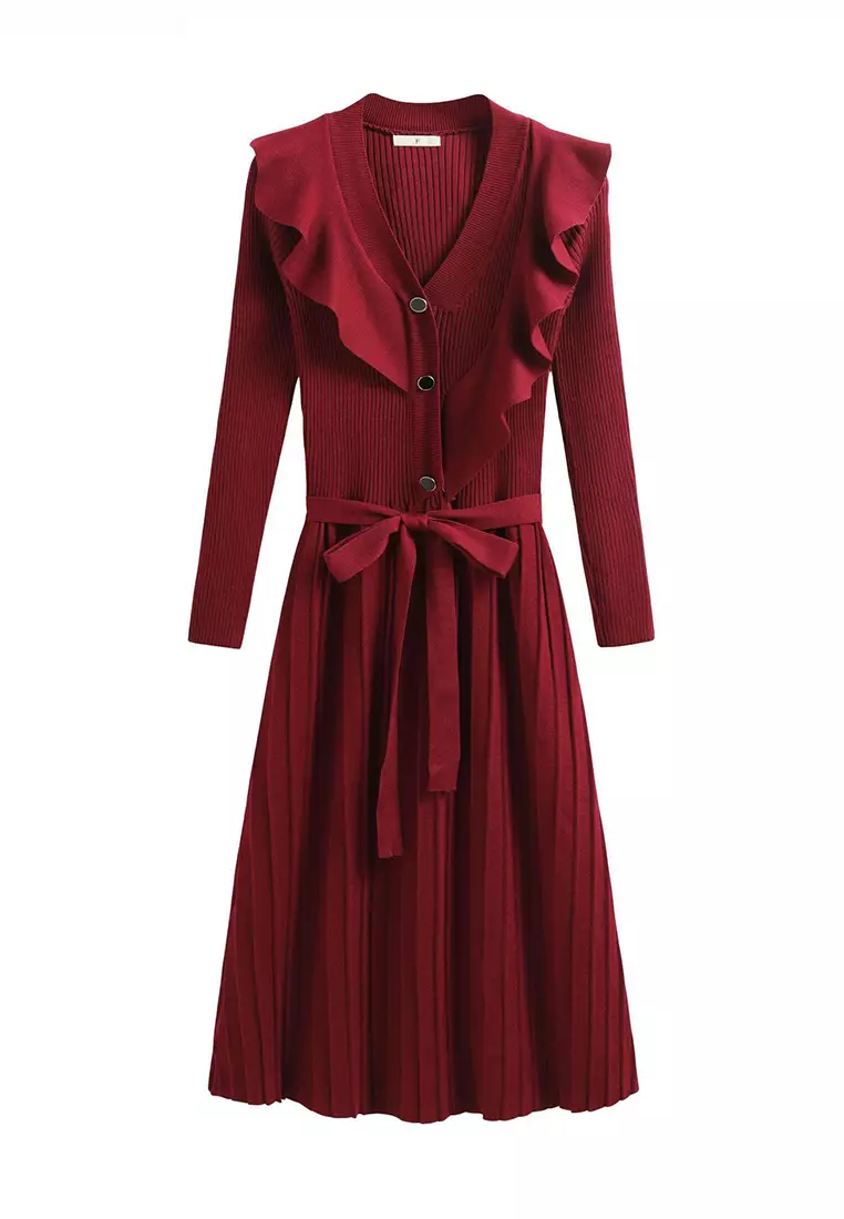 Buy HAPPY FRIDAYS V-Neck Ruffle Detail Long Sleeve Knit Dress JW MD ...