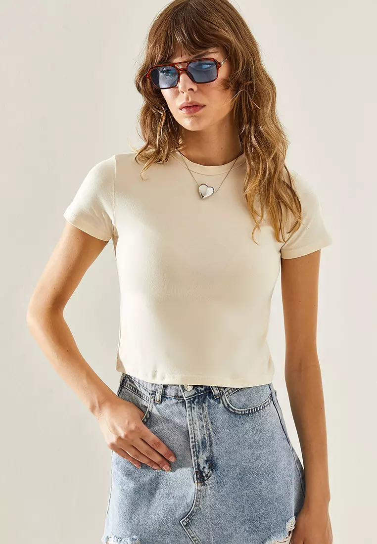 Buy Bianco Lucci Crew Neck Basic Crop T-Shirt 2025 Online | ZALORA
