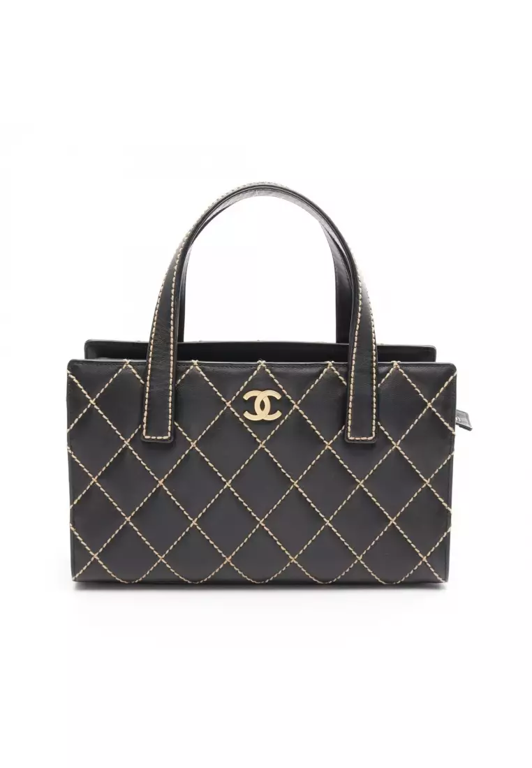 Chanel Pre-Loved Chanel wild stitch Handbag tote bag leather black gold ...