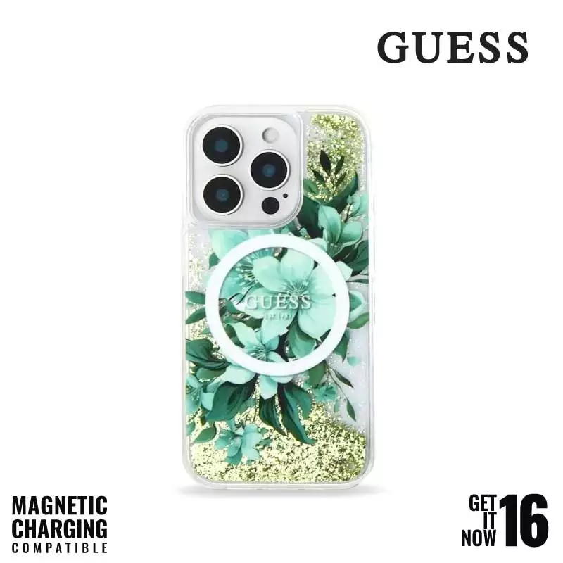 Jual GUESS Case For iPhone GUESS Magsafe Liquid Glitter Flower Green ...