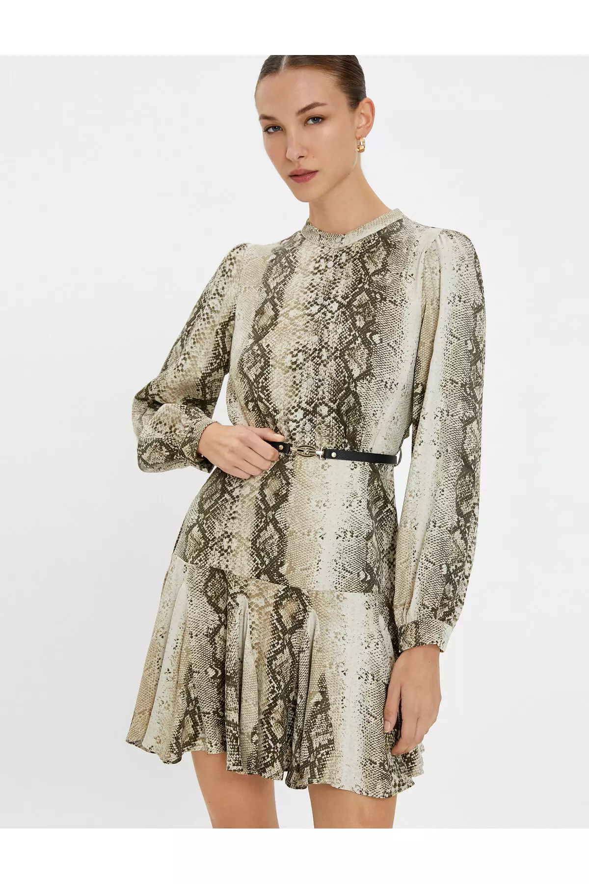Buy KOTON Mini Frill Dress Long Sleeve Belt Detail Snakeskin Pattern ...
