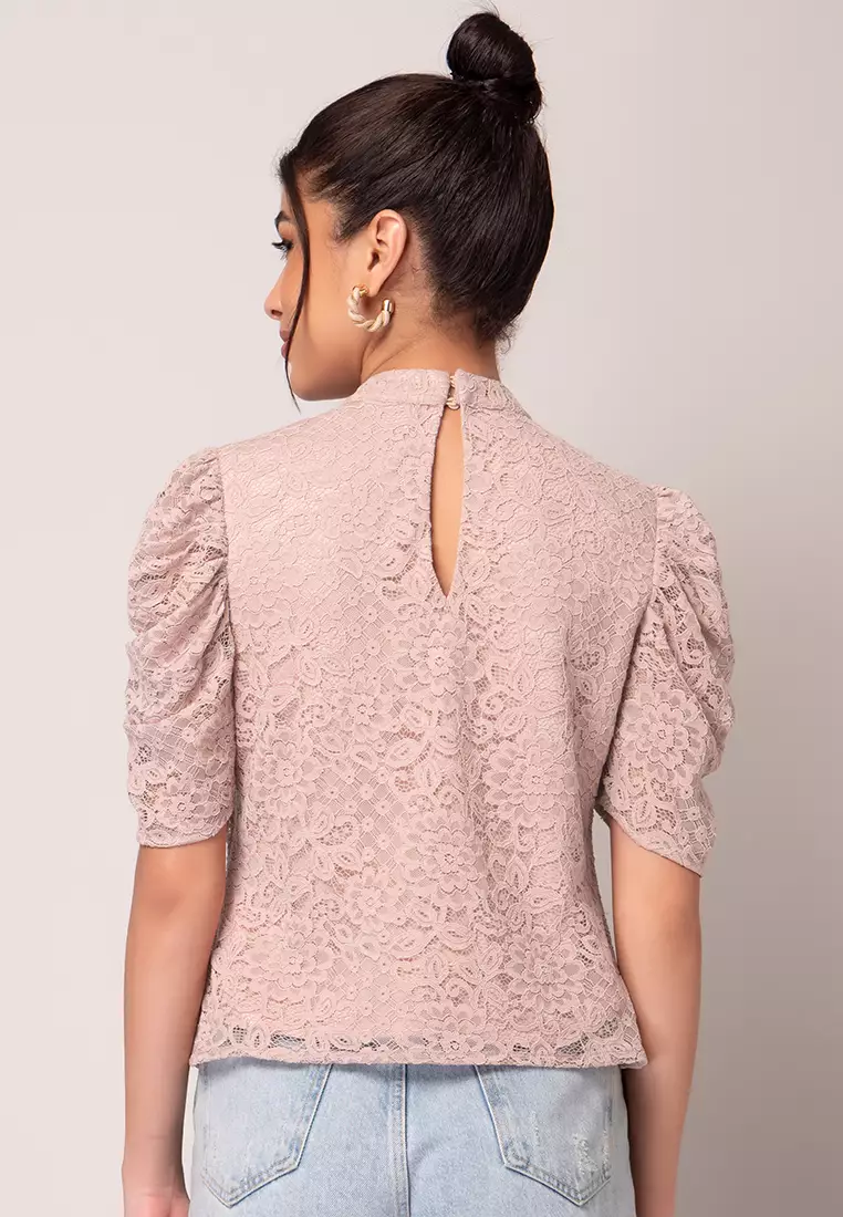 Buy FabAlley Light Pink Keyhole Neck Lace Top Online | ZALORA Malaysia