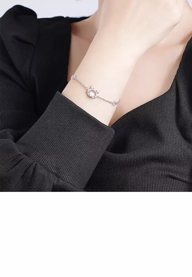 Mooclife 925 Sterling Silver Cute and Sweet Cat Bracelet with Pink Cubic Zirconia - Luxurious ...