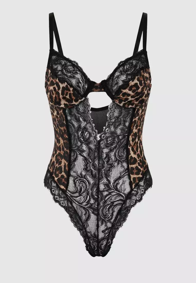 Buy Trendyol Black Fitted Leopard Print Lace/Satin Fancy Bodysuit ...