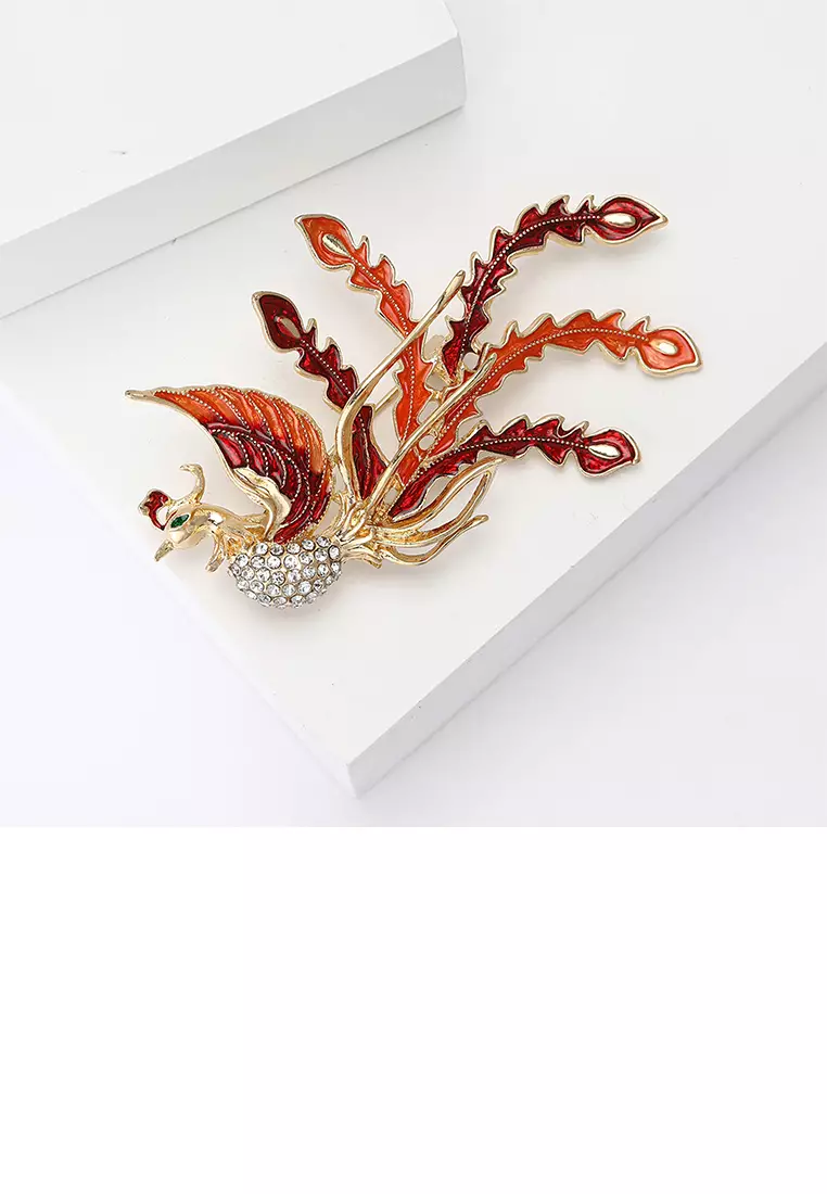 Buy Glamorousky Fashion Vintage Plated Gold Enamel Red Phoenix Brooch ...