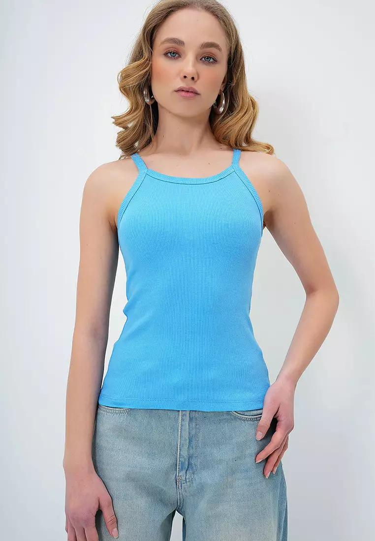 Buy Alacati Women's Blue-Grey 2-Pack Rope Strap Halter Neck Camisole ...