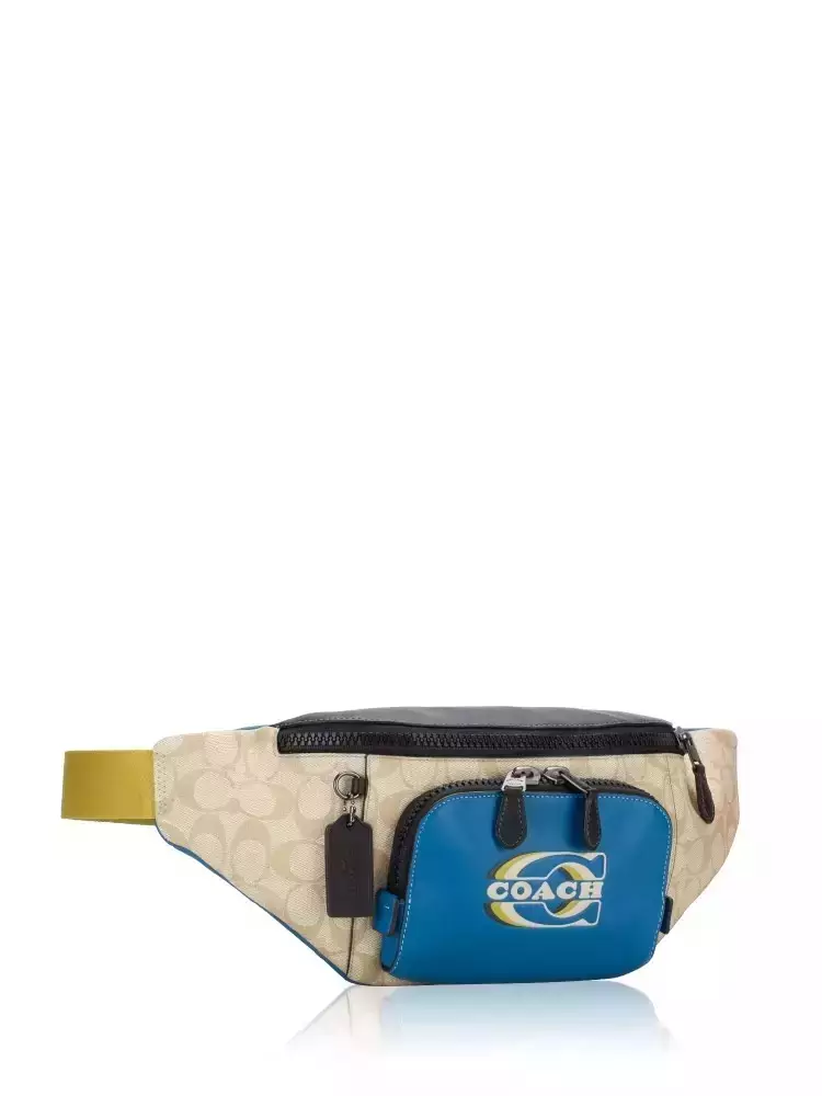 Jual Coach Coach Signature Block Track Belt Bag Light Khaki Blue Jay ...