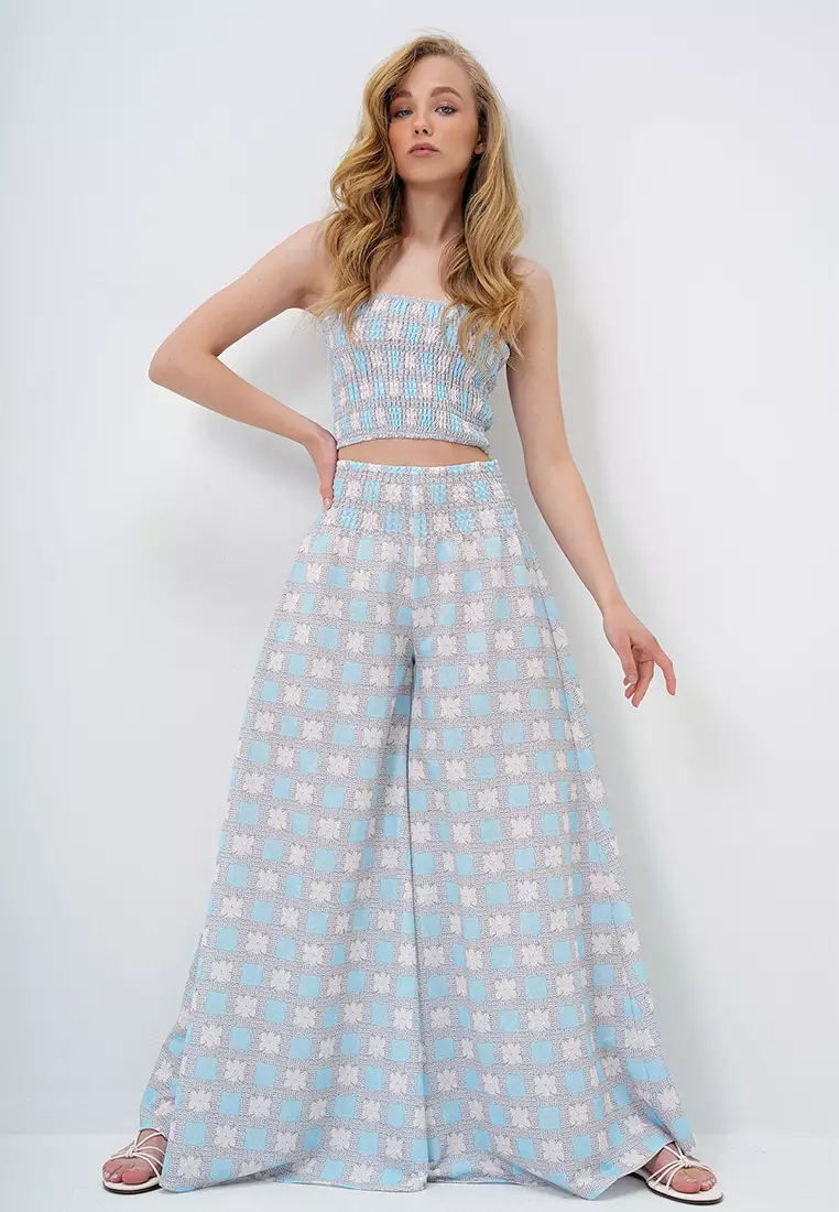 Buy Alacati Women's Baby Blue Waist Gimped Wide Leg Pants And Gimped ...
