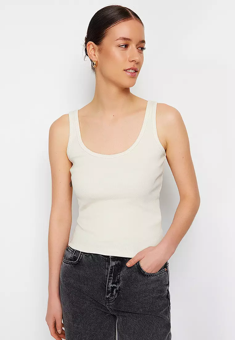 Buy Trendyol Stone Fitted Pool Neck Ribbed Flexible Knit Undershirt ...
