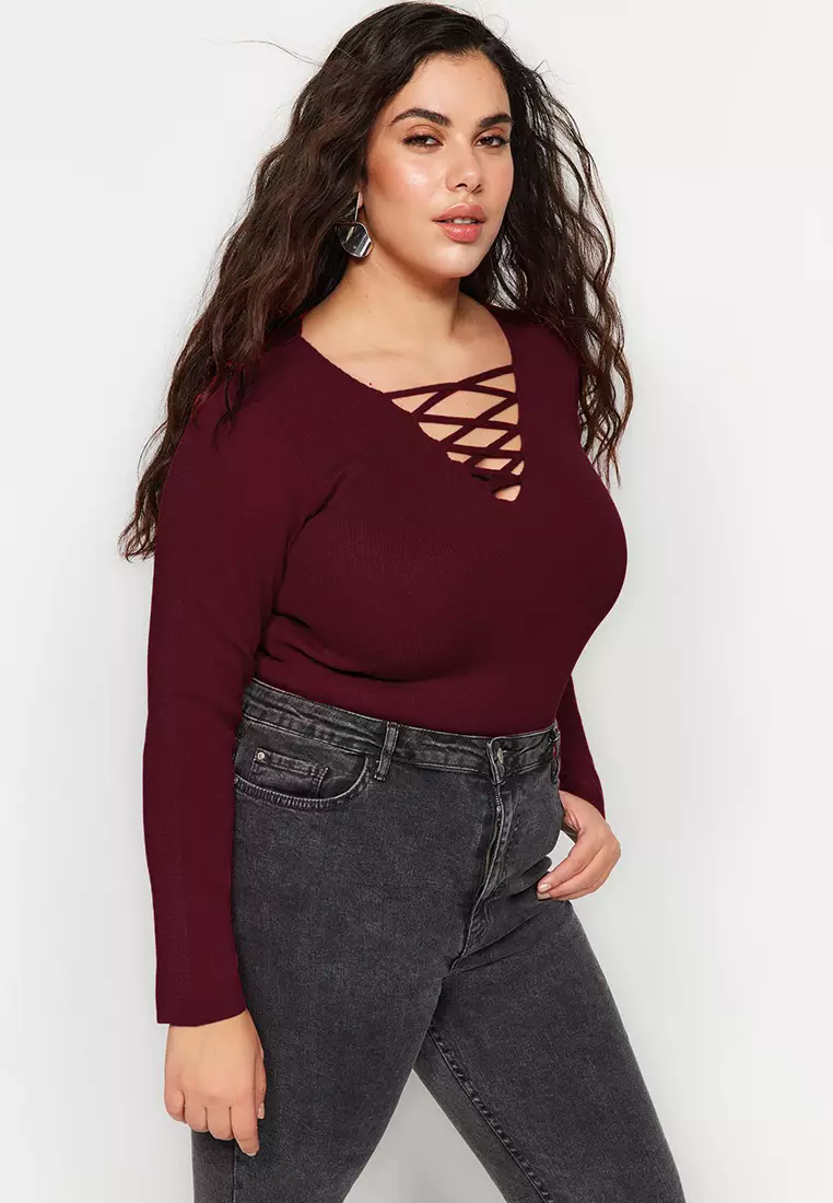 Jual Trendyol Cherry Cross Body-Hugging Britli Knit Sweater ...