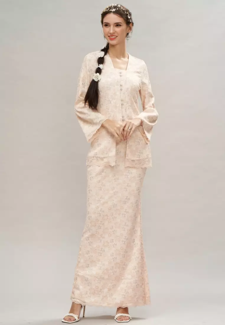 Buy Loveaisyah Premium Peach Pink Lace Puff Sleeve Modern Kebaya and ...