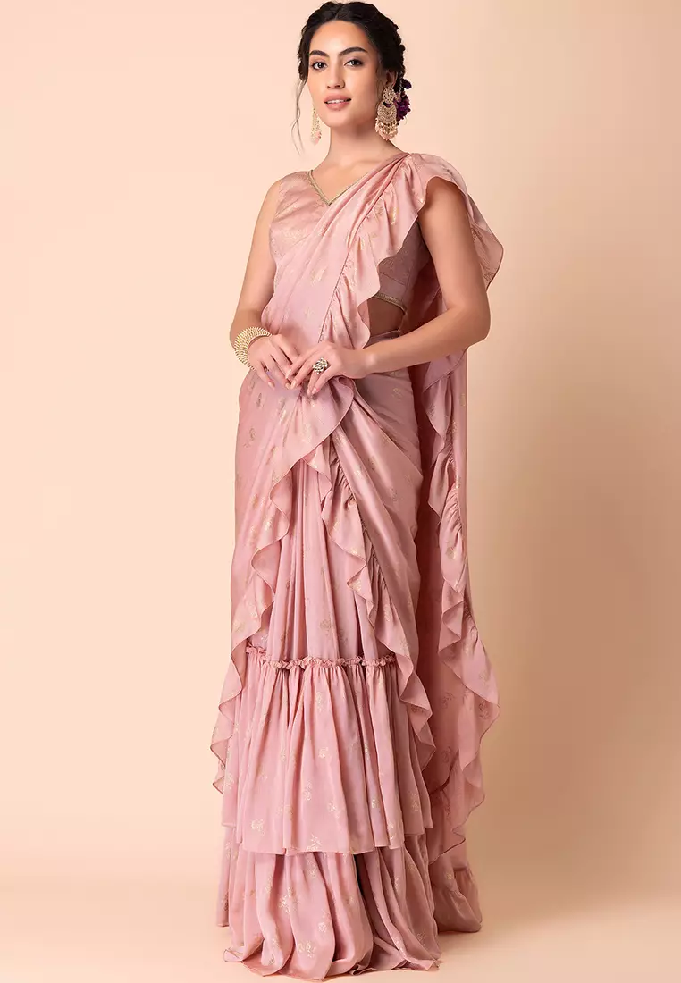 Buy Indya VARUN BAHL X INDYA Pastel Pink Printed Ruffled Pre-Stitched ...