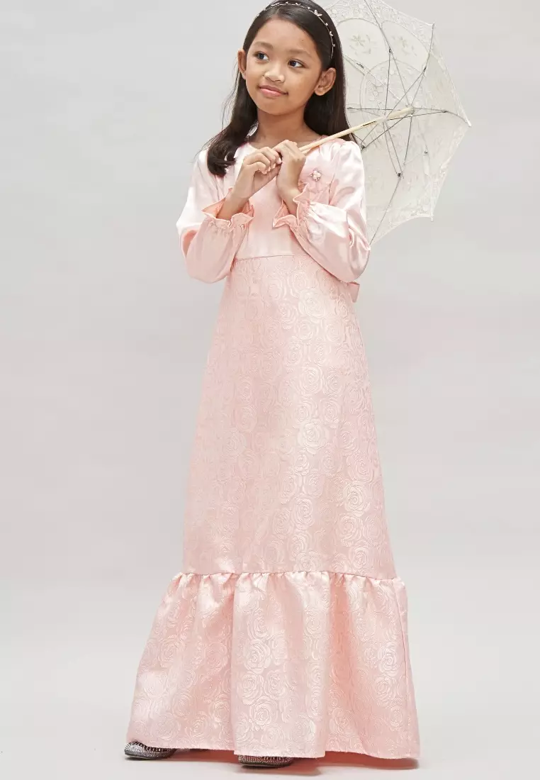 Buy Loveaisyah Girl Pink Rose Jacquard Dress with free Flower Brooch ...