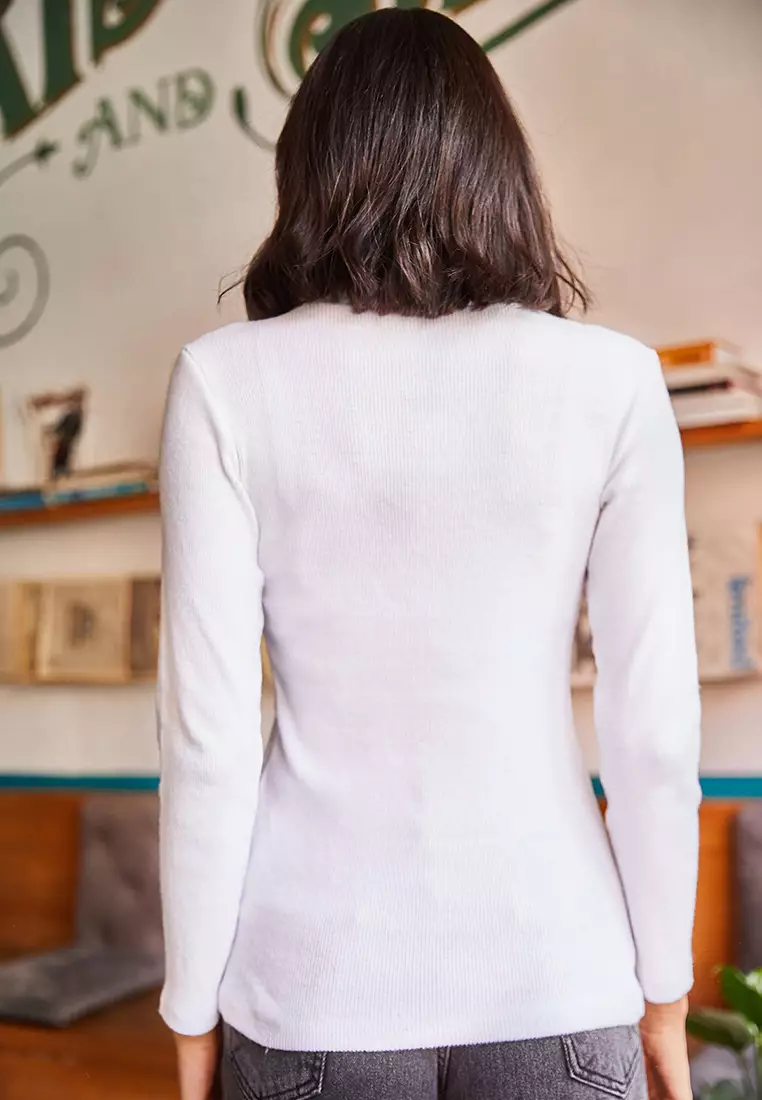 Buy Olalook White Button Detailed Half Turtleneck Lycra Blouse 2024