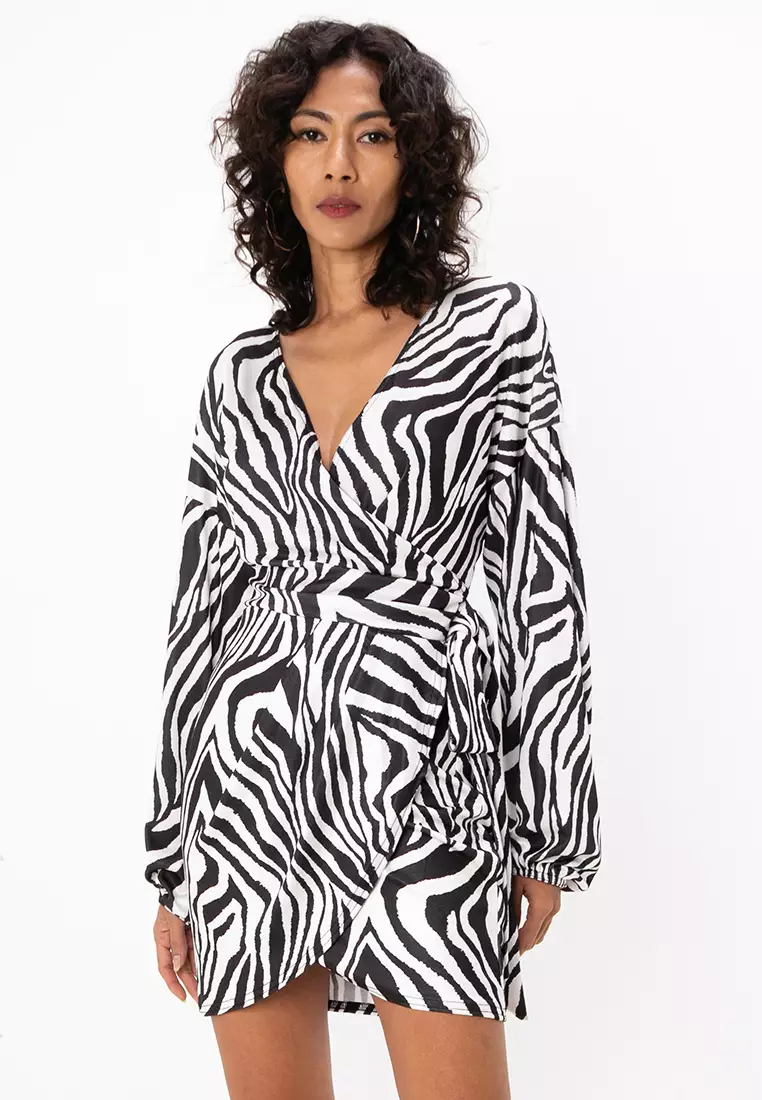 Jual Asos Design Blouson Sleeve Slinky Wrap Mini Dress Original 2024