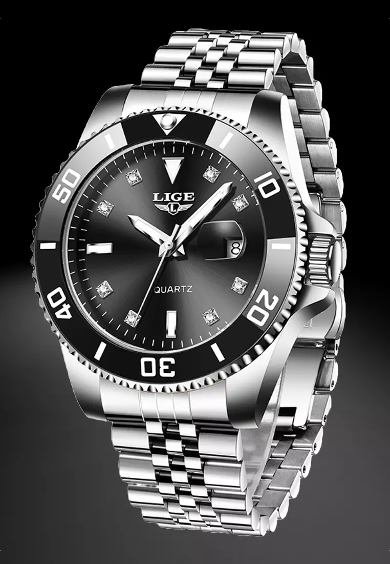 Buy LIGE Unisex Classic Diver's Stainless Steel Quartz Watch on Steel ...