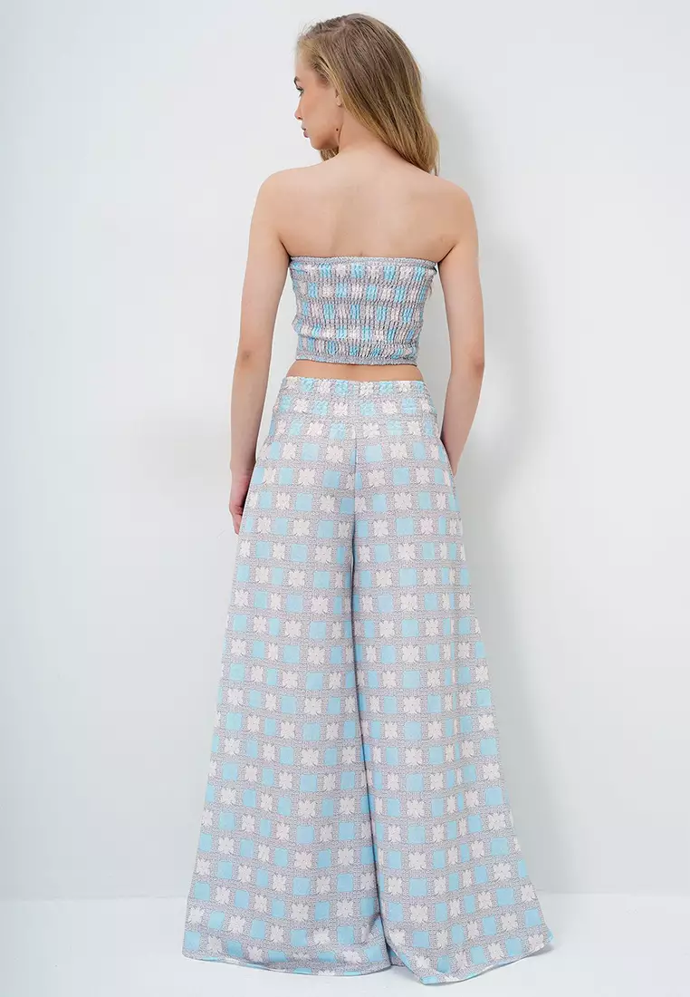 Buy Alacati Women's Baby Blue Waist Gimped Wide Leg Pants And Gimped ...