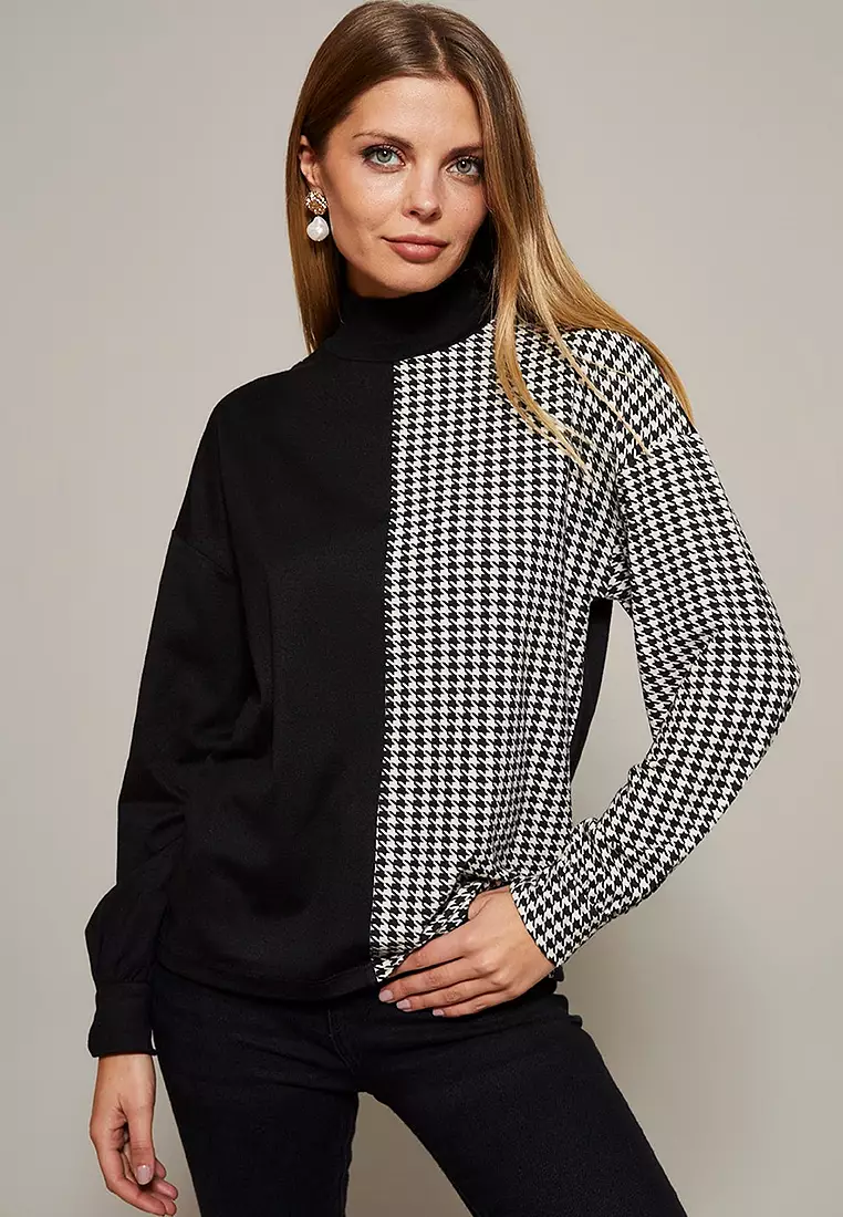 Buy Cool & Sexy Black-White Half Turtle Houndstooth Pattern Blouse 2025 ...
