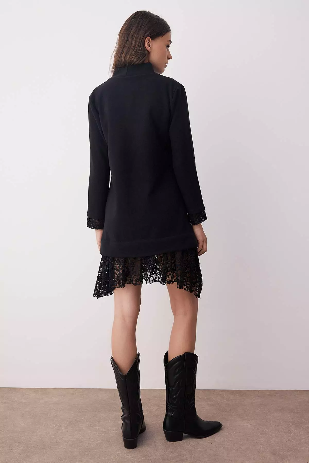Buy Trendyol Black Stand Collar Shift/Straight Cut Long Sleeve Lace ...
