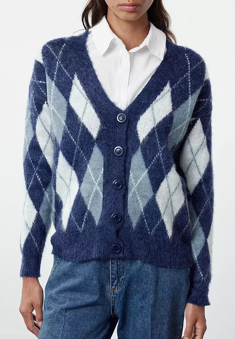 Buy Trendyol Dark Blue Soft Texture Plaid Patterned Knitwear Cardigan ...