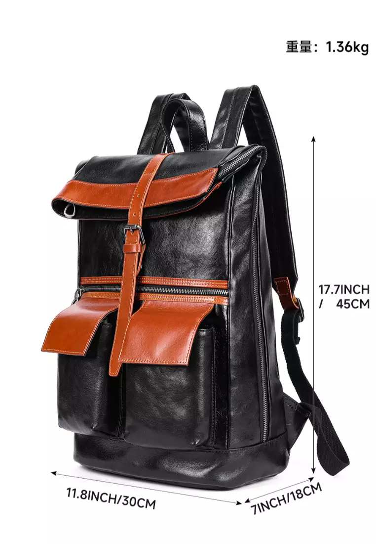 Buy XAFITI Vegetable Tanned Leather Contrast Color Backpack Men's Backpack Genuine Leather ...