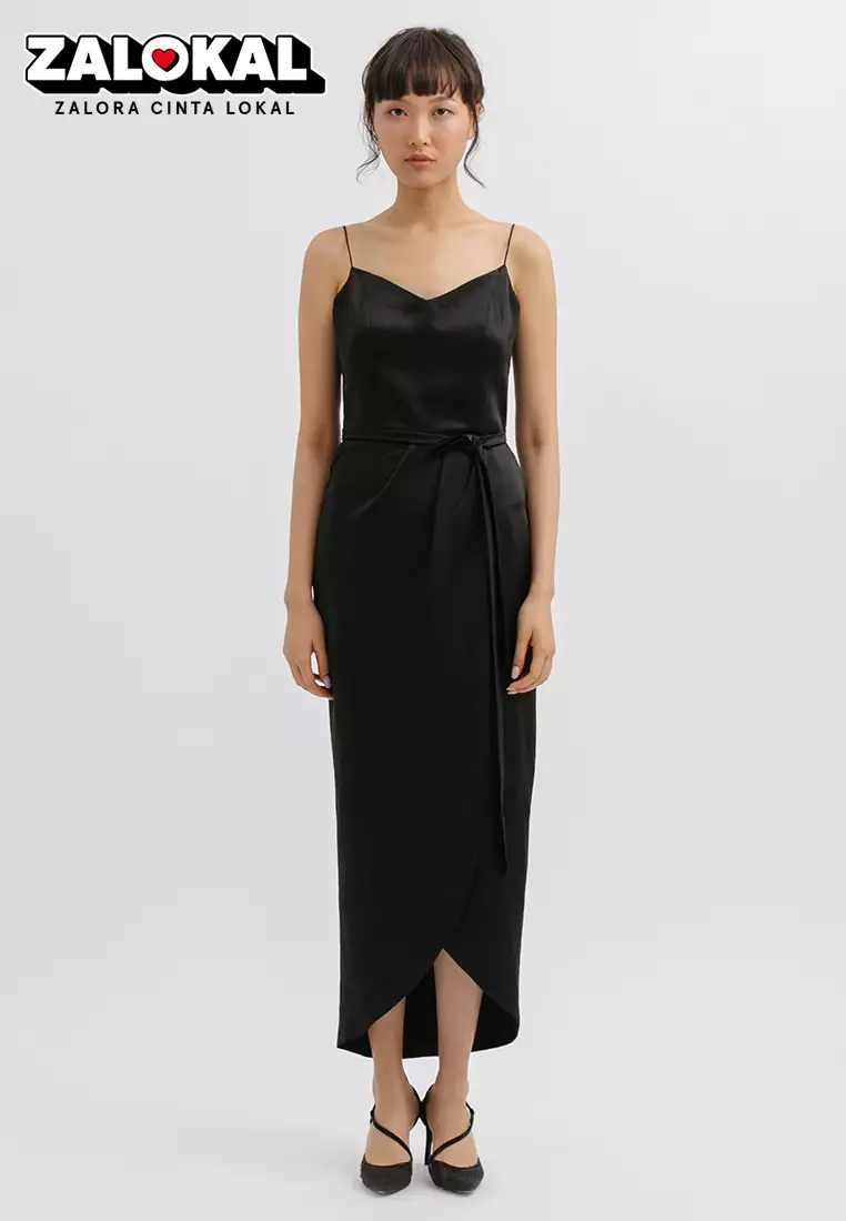 Jual Cloth Inc Overlap Tulip V Neck Midi Dress in Black Original 2026 ...