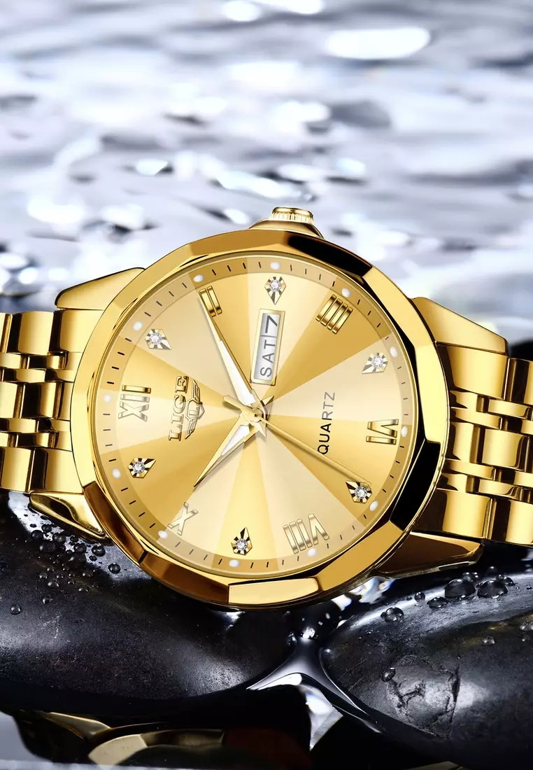 Buy LIGE Unisex IP Gold Stainless Steel Quartz Watch, Gold color Dial ...