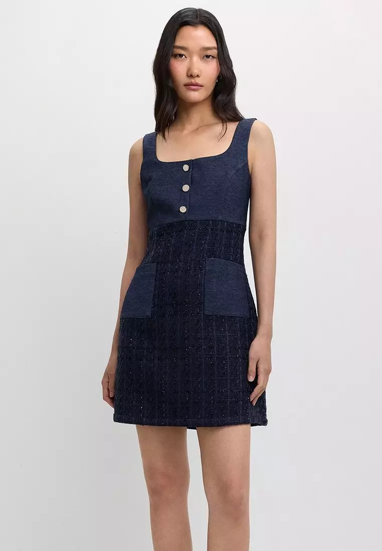 Pomelo Buttoned Tweed Dress - Navy 2025 | Buy Pomelo Online | ZALORA ...