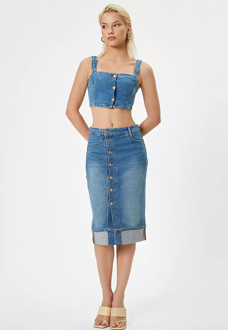 Jual KOTON Denim Crop Bustier Buttoned Straps Original 2025 | ZALORA ...