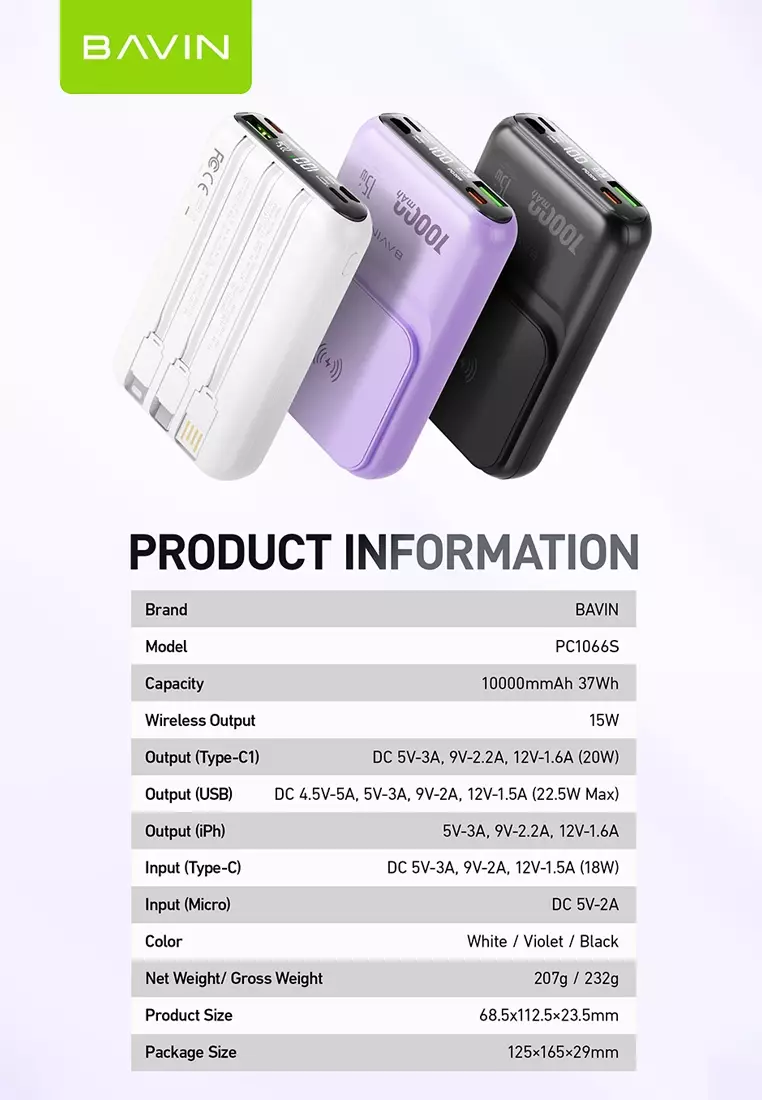 Buy BAVIN Bavin PC1066 10000mAh 22.5W Fast Charging Portable Power Bank ...