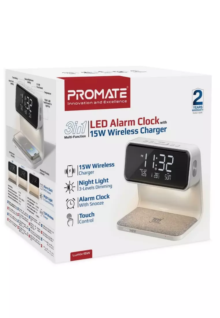 Buy Promate Promate Lumix-15W White Multi-Function LED Alarm Clock with ...