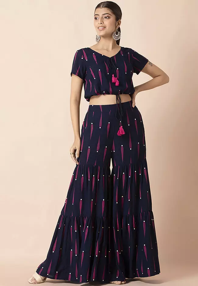 Buy Indya Navy Floral Drawstring Waist Crop Top 2025 Online | ZALORA