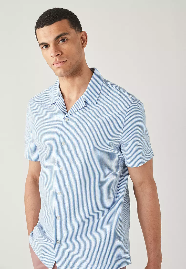 Jual Marks And Spencer Pure Cotton Striped Seersucker Revere Shirt