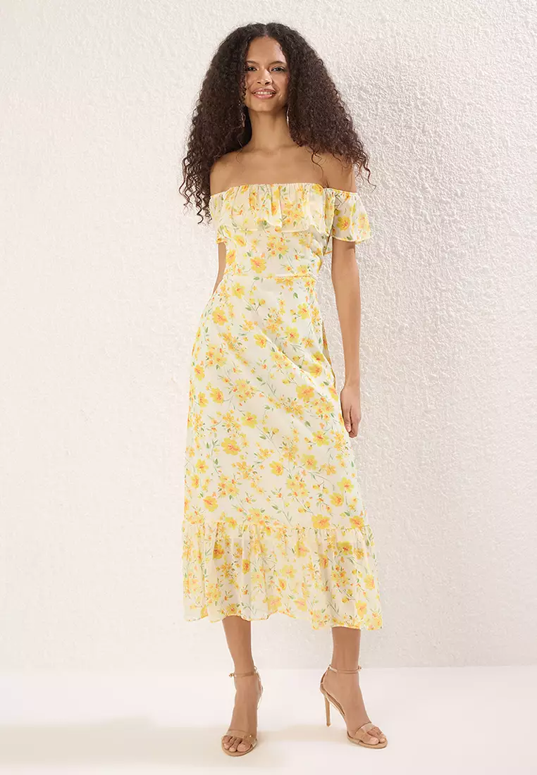 Buy Trendyol Yellow Floral Skirt Waist Opening Ruffle Chiffon Flight ...