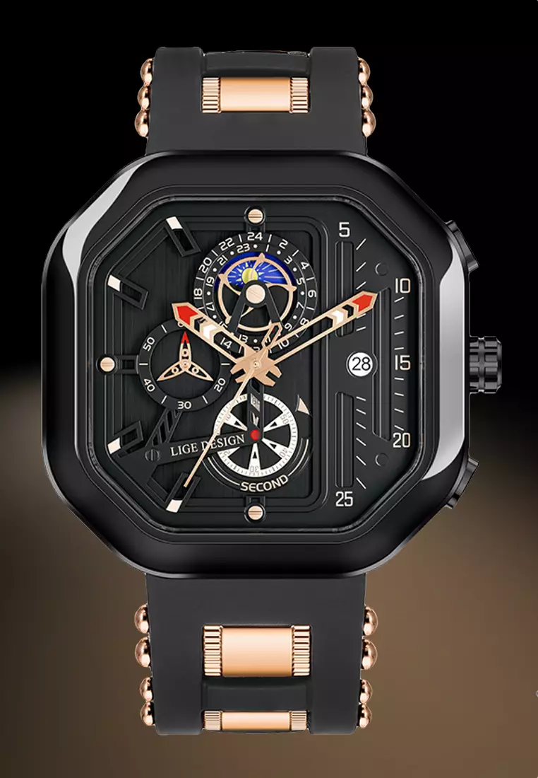Buy LIGE LIGE Unisex Chronograph Octagonal IP Black Stainless Steel ...