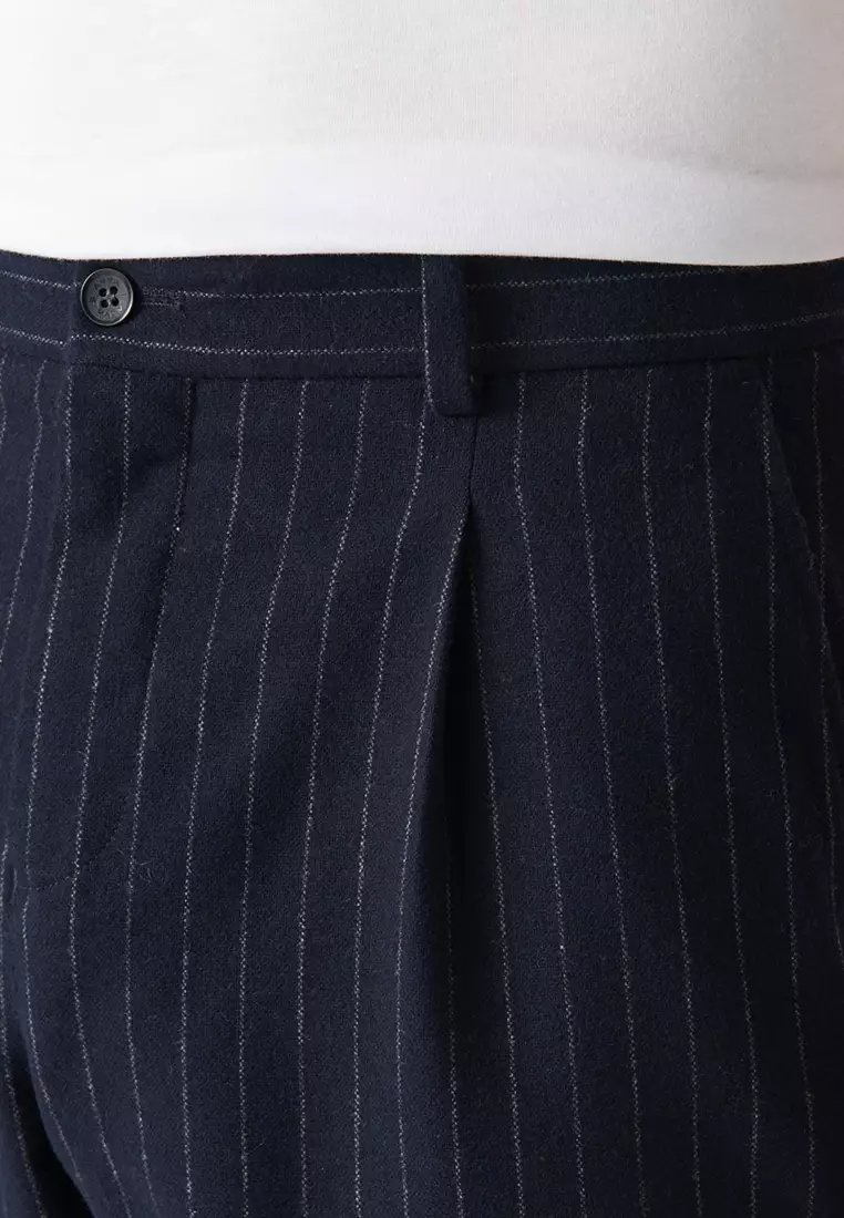 Jual Avva Mens Navy Blue Wool Pleated Pleated Stripe Relaxed Fit Casual ...