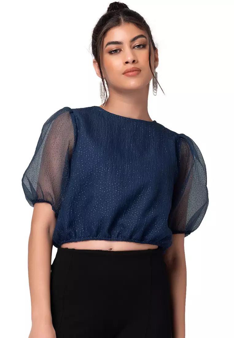 Buy FabAlley Blue Puff Sleeve Crop Top 2024 Online | ZALORA